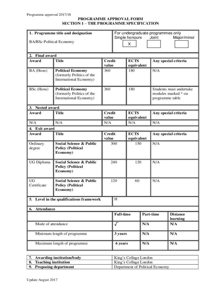 Fillable Online PROGRAMME APPROVAL FORM SECTION 1 THE PROGRAMME SPECIFICATION 1 ... Fax Email ...