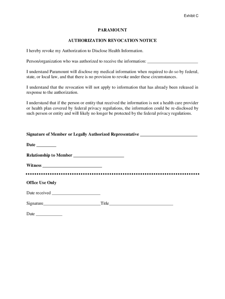 Fillable Online PARAMOUNT AUTHORIZATION REVOCATION NOTICE Fax Email ...