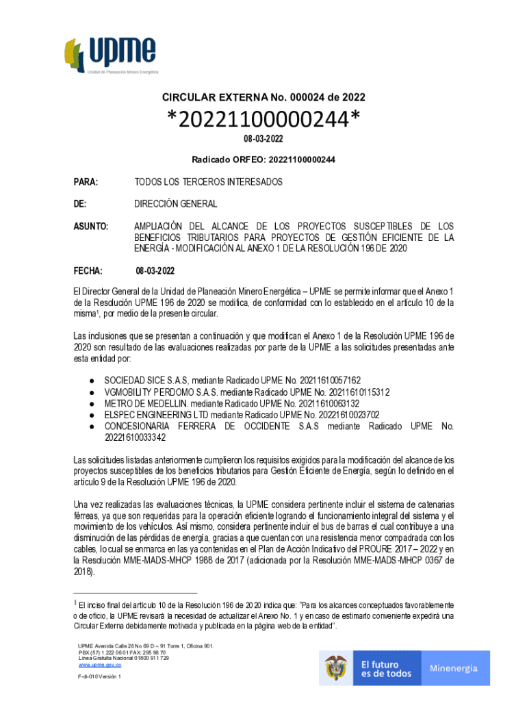 Fillable Online www1 upme gov Circular Externa y Conjunta No.16 de 2022 Instrucciones para la ...
