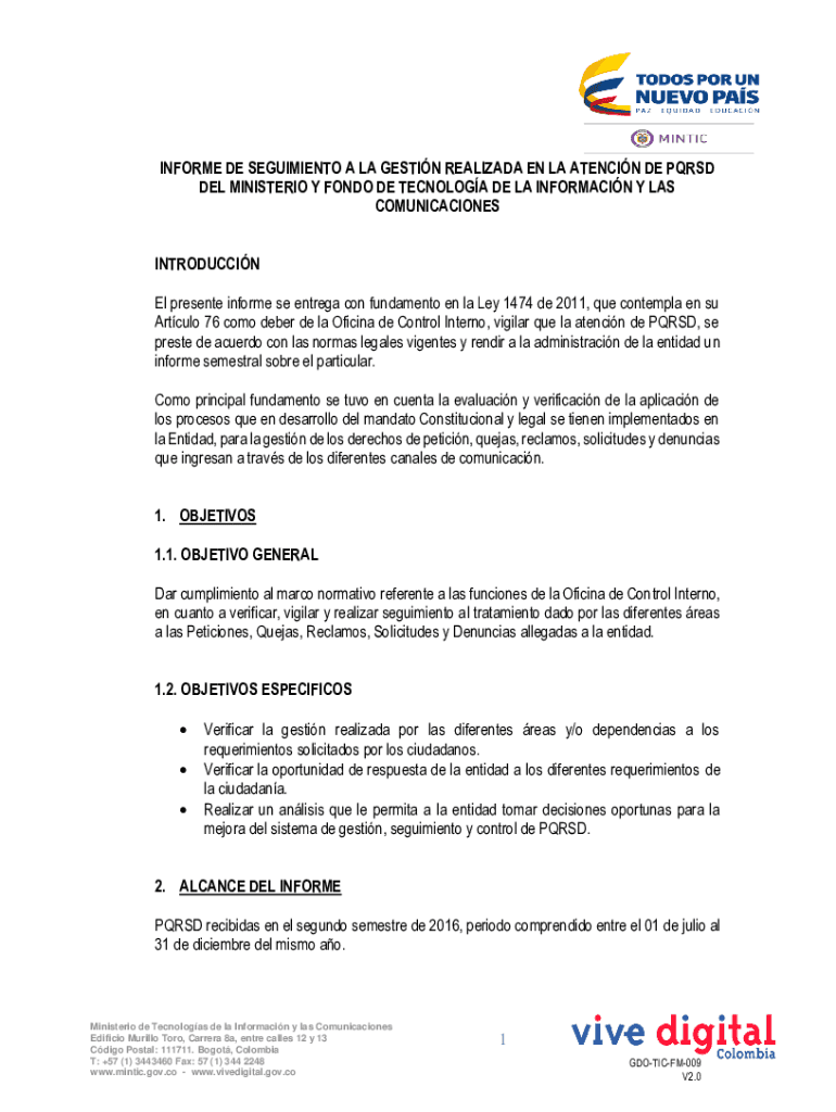 Fillable Online mintic gov informe de seguimiento a la gestin realizada ...