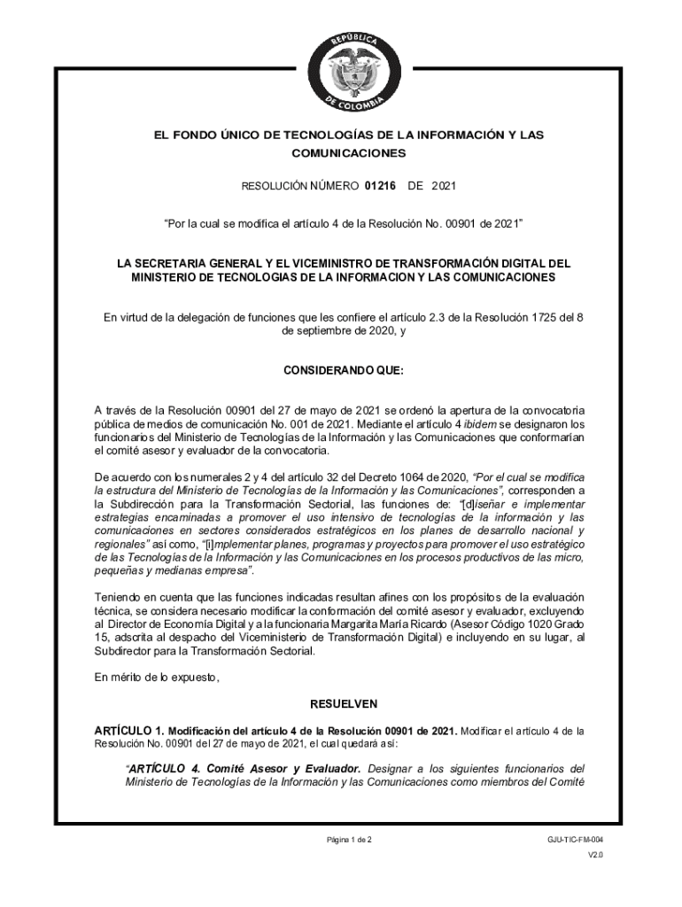 Fillable Online mintic gov Por la cual se modifica el artculo 4 de la Resolucin ... - MinTIC Fax ...