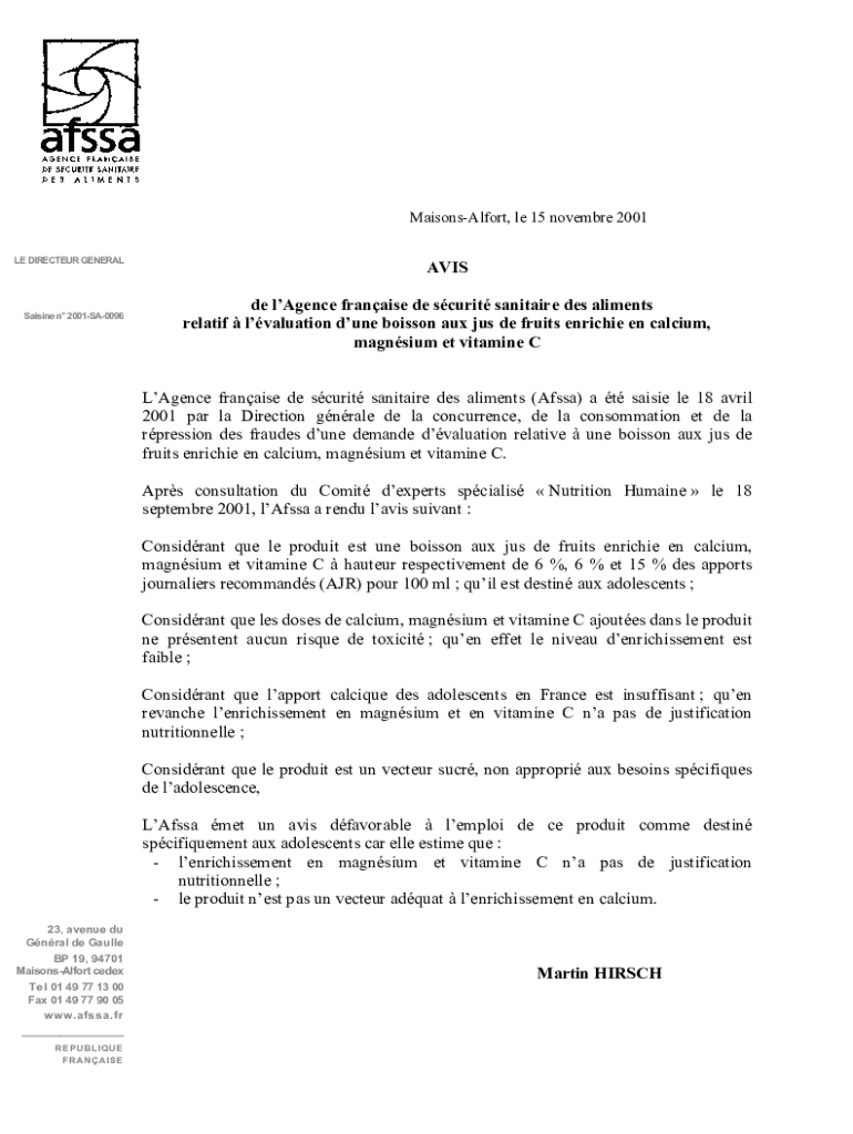 Remplissable En Ligne AVIS de l'Agence franaise de scurit sanitaire des aliments ... Fax Email ...
