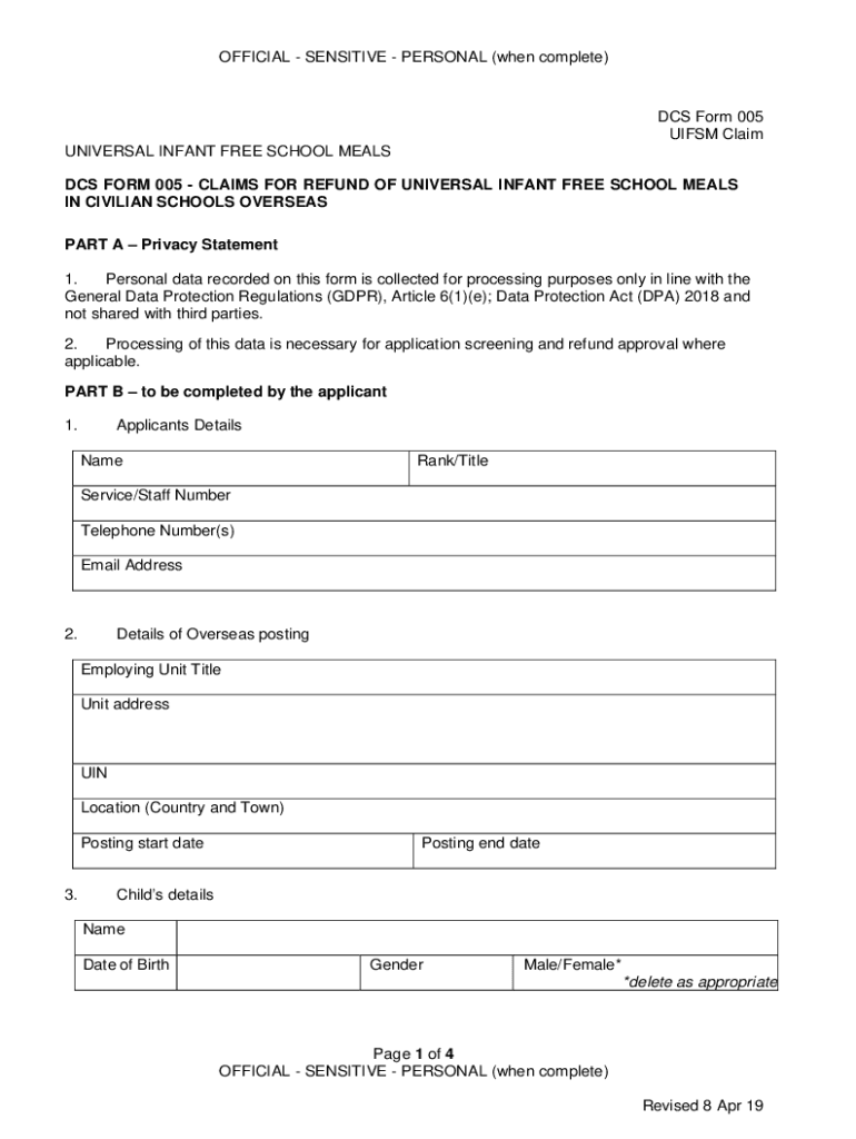 Fillable Online DCS Form 5: Universal Infant School Meals Claim - GOV ...