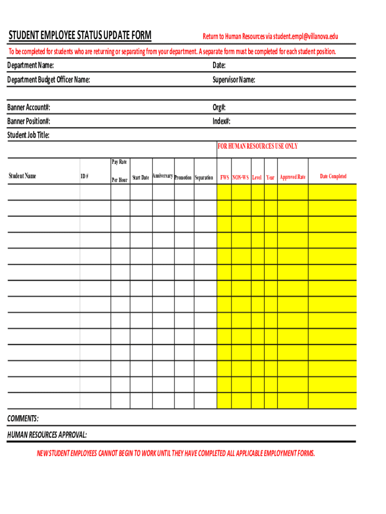 Fillable Online www1 villanova STUDENT EMPLOYEE STATUS UPDATE FORM Fax ...