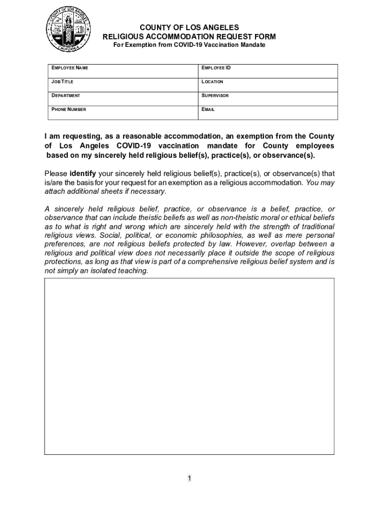 Fillable Online county of los angeles religious accommodation request ...