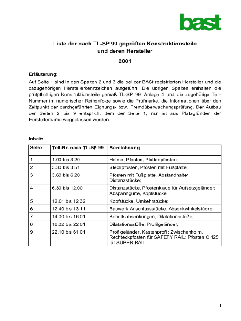 Ausfüllbar Online Liste der nach TL-SP 99 geprften Konstruktionsteile ...