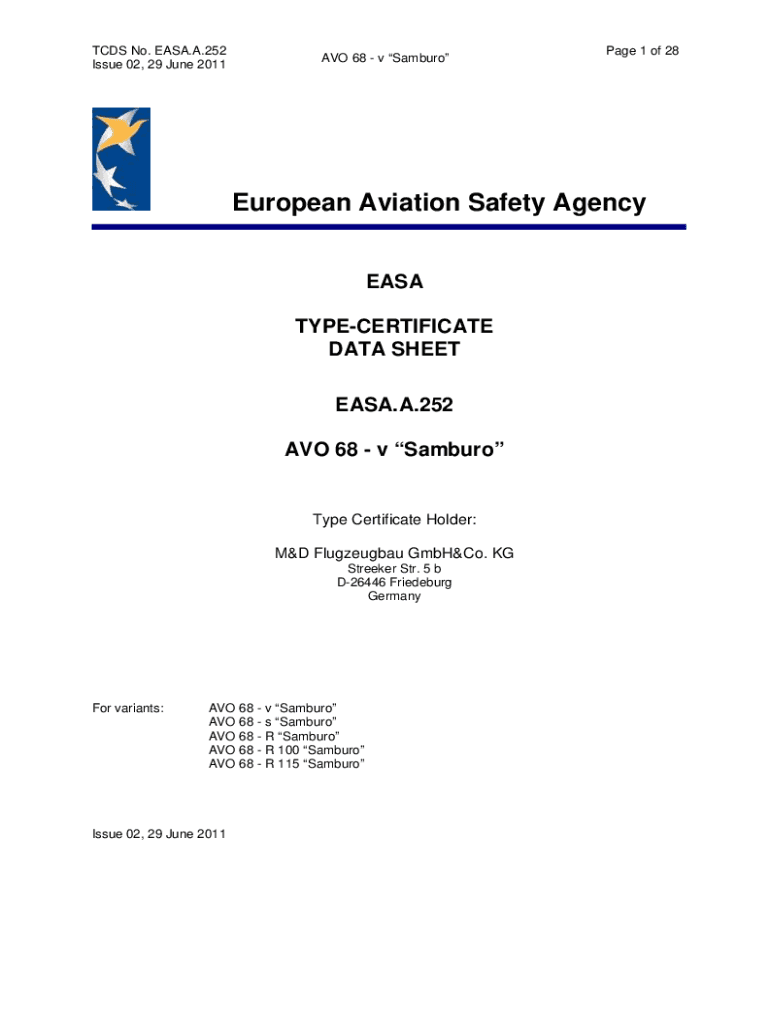 Fillable Online EASA TYPE-CERTIFICATE DATA SHEET EASA.A.252 AVO 68 Fax Email Print - pdfFiller
