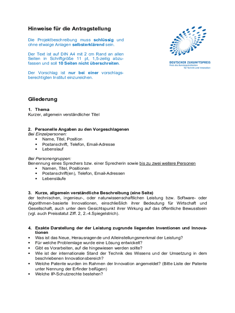 Ausfüllbar Online Hinweise fr die Antragstellung Gliederung - DPMA Fax Email Drucken - pdfFiller
