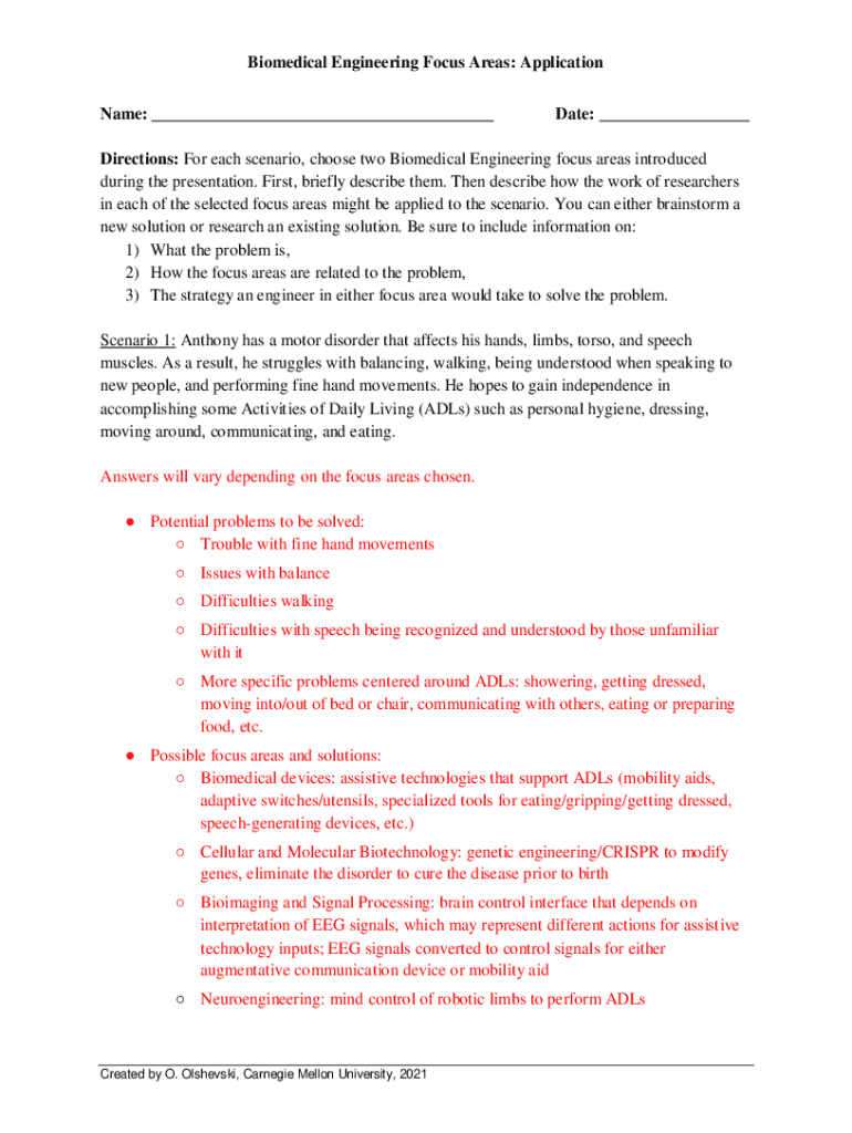 Fillable Online Biomedical Engineering Focus Areas: Application Name: Date: Dir Fax Email Print ...