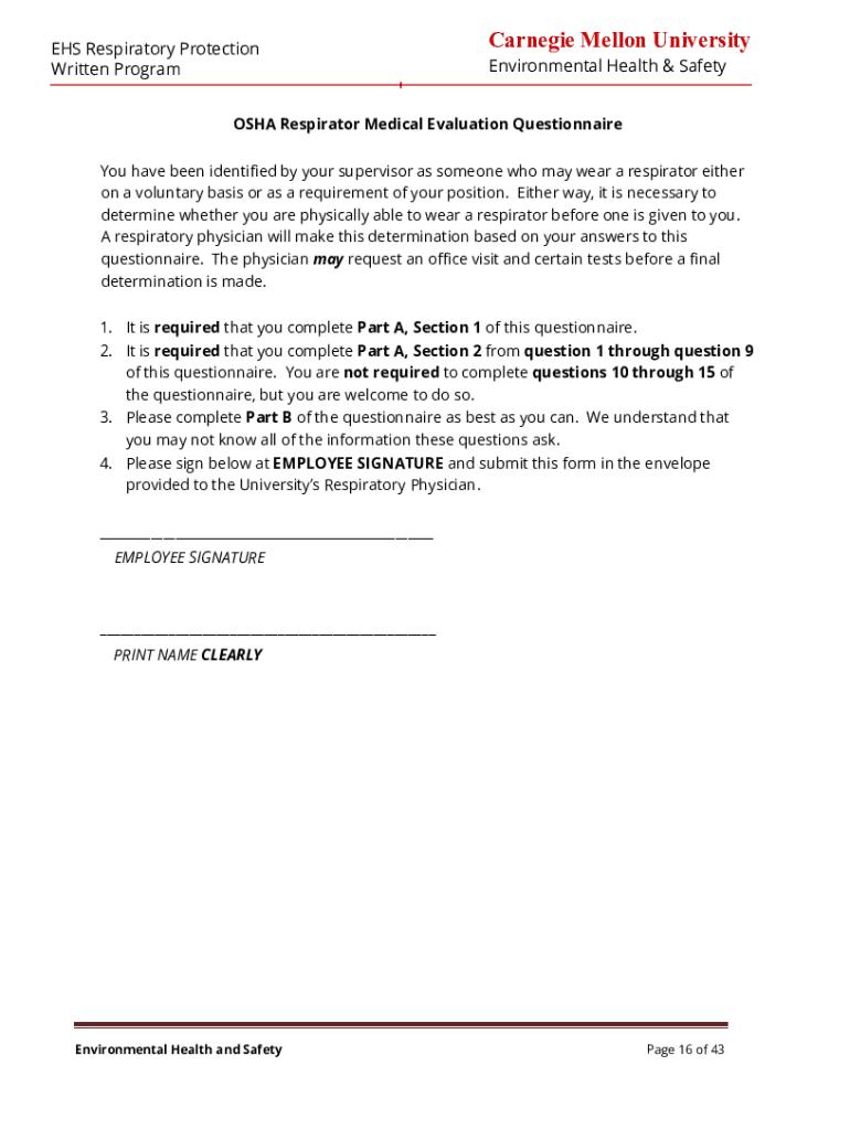 Fillable Online Environmental Health and Safety (EHS) Respiratory Protection ... Fax Email Print ...