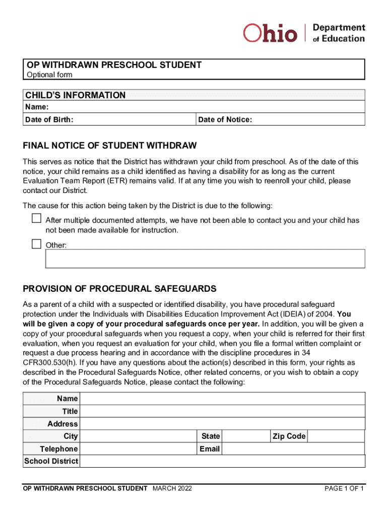 Fillable Online FINAL NOTICE OF STUDENT WITHDRAW - Ohio Department of ...