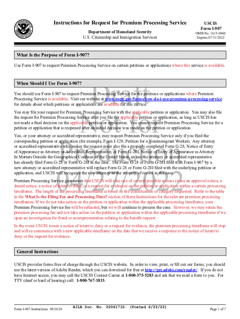 Fillable Online Instructions for Form I-907, Request for Premium ...