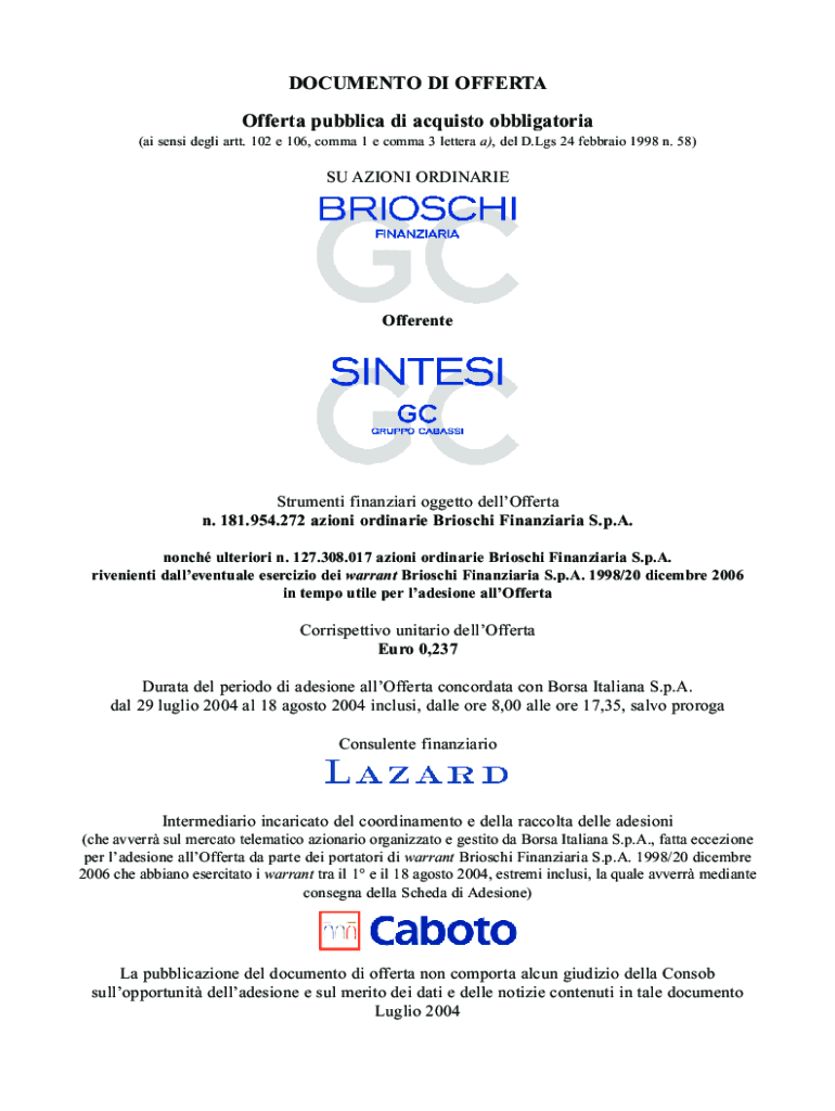 Fillable Online DOCUMENTO DI OFFERTA Offerta pubblica di acquisto ...