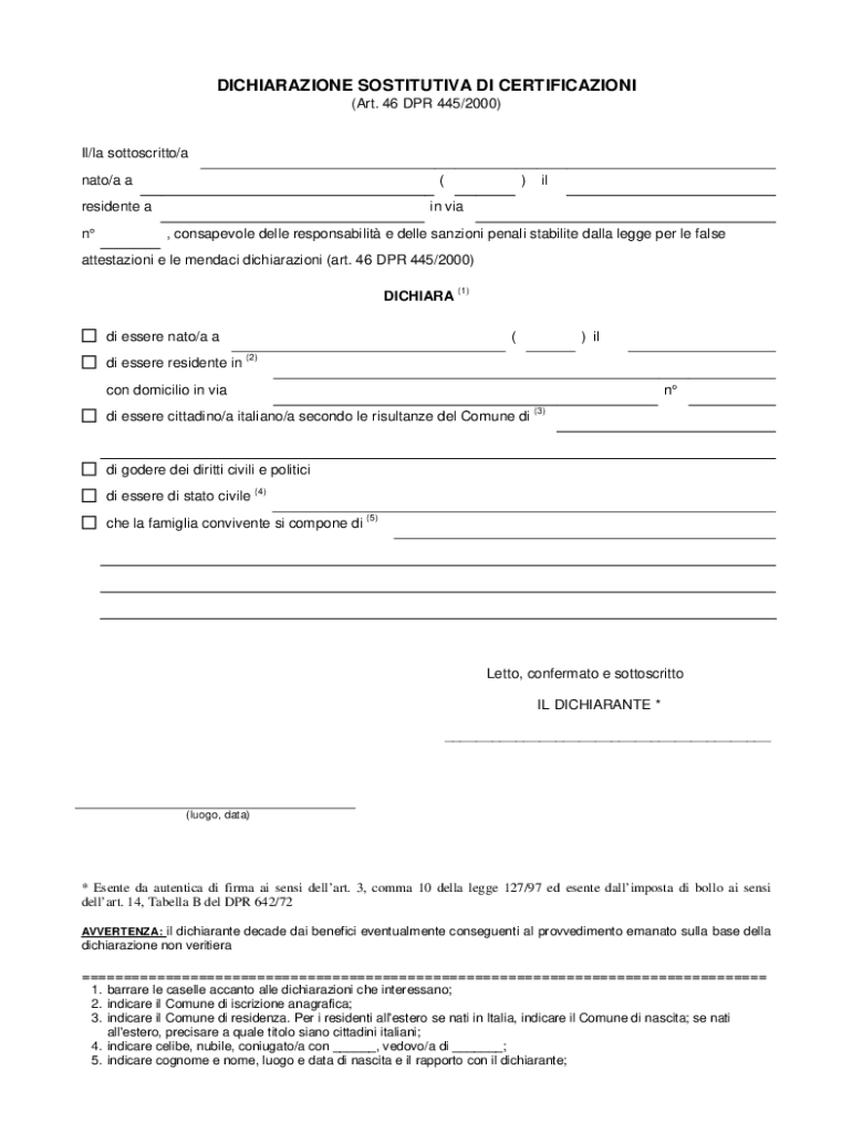 Compilabile Online DICHIARAZIONE SOSTITUTIVA DI CERTIFICAZIONE (art.46 ...