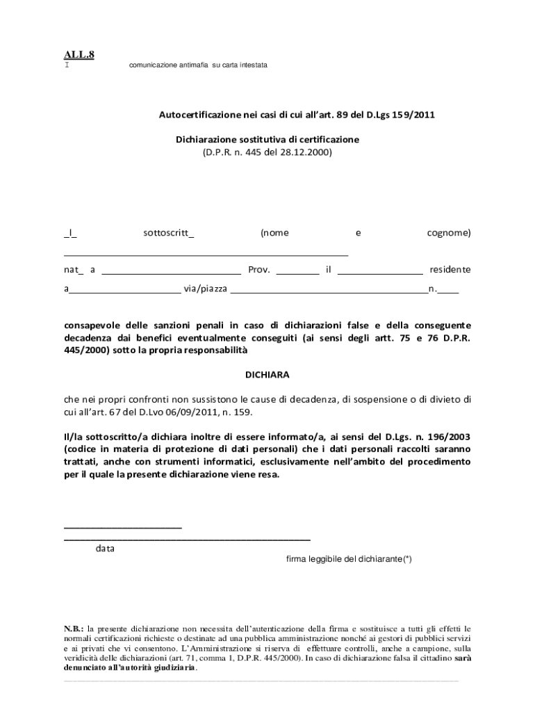 Compilabile Online Autocertificazione nei casi di cui all'art. 89 del D ...