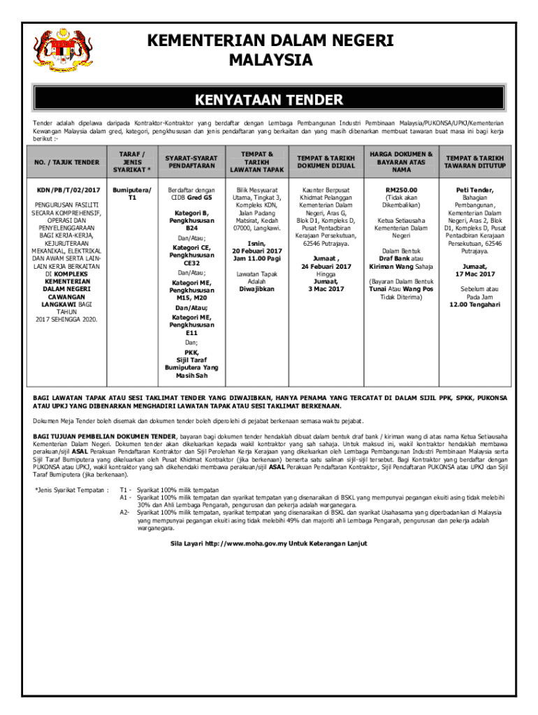 Fillable Online KENYATAAN TENDER - KPM Fax Email Print - pdfFiller