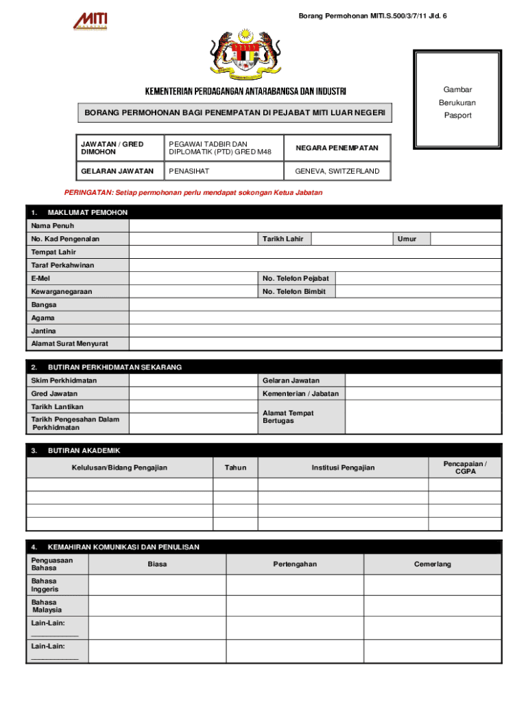 Fillable Online BORANG PERMOHONAN BAGI PENEMPATAN DI PEJABAT MITI LUAR ...