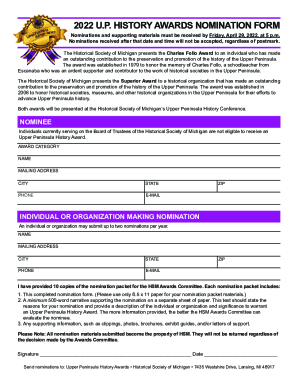 Fillable Online 2022 U.P. HISTORY AWARDS NOMINATION FORM Fax Email Print - pdfFiller