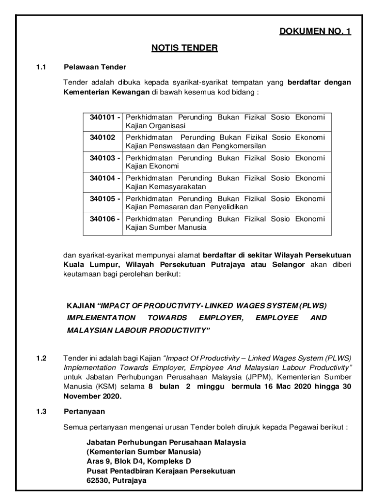 Fillable Online DOKUMEN NO. 1 NOTIS TENDER Fax Email Print - pdfFiller