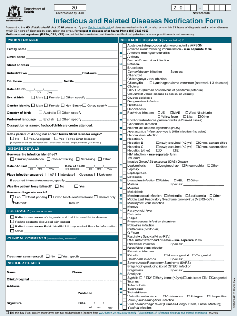 Fillable Online Notification of infectious diseases and related ...