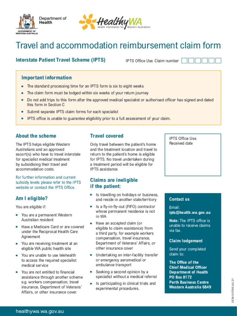 Fillable Online ww2.health.wa.gov.auipts-application-formTravel and accommodation reimbursement ...