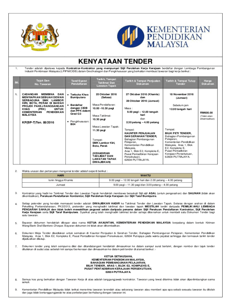 Fillable Online KENYATAAN SEBUTHARGA - Sebut Harga dan Tender Fax Email ...