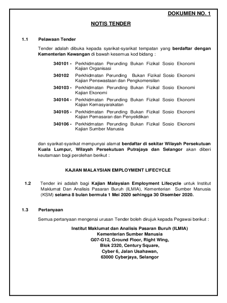 Fillable Online DOKUMEN NO. 1 NOTIS TENDER - Kementerian Sumber Manusia ...