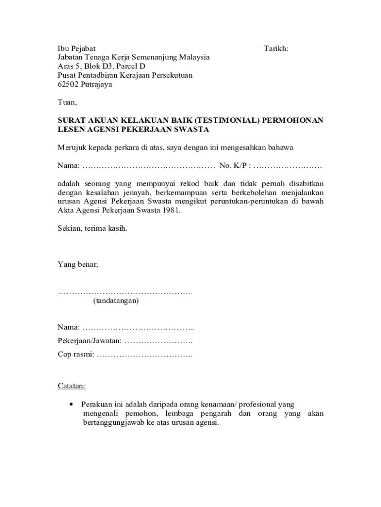 Fillable Online SURAT AKUAN (TESTIMONIAL) Fax Email Print - pdfFiller