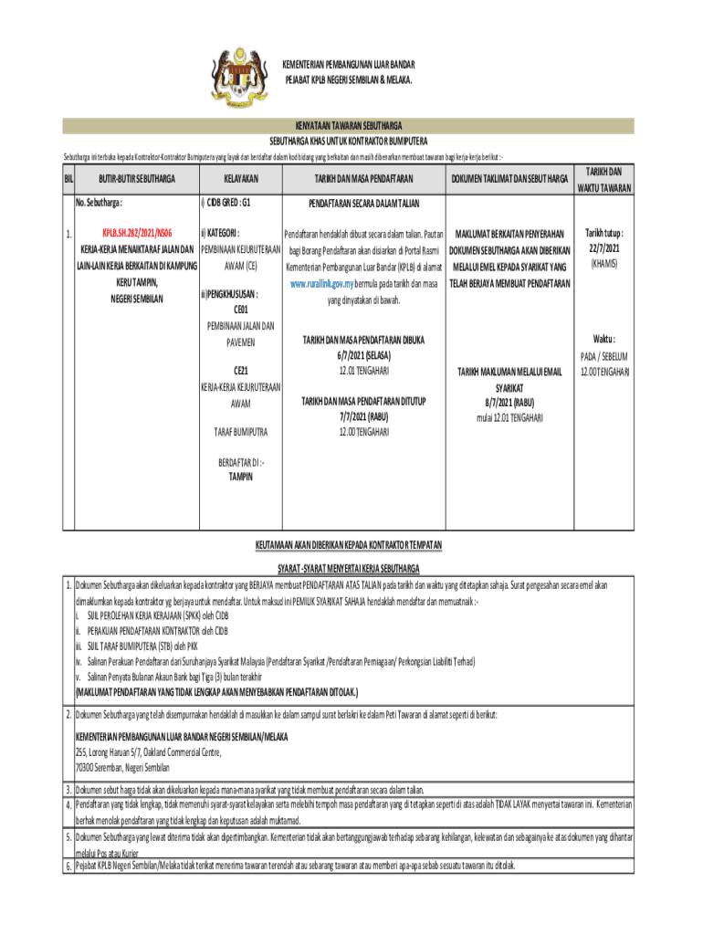 Fillable Online No. Sebutharga : i) CIDB GRED : G1 PENDAFTARAN ... Fax ...