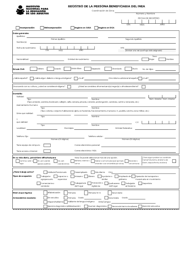 INEA Beneficiary Registration Form - Plantilla Rellenable en Blanco ...