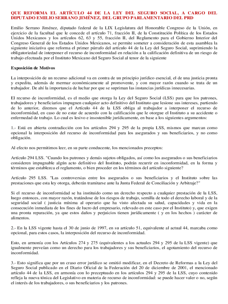 Fillable Online que reforma el artculo 44 de la ley del seguro social, a cargo ... Fax Email ...