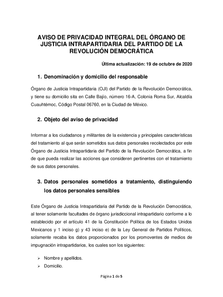 Fillable Online AVISO DE PRIVACIDAD INTEGRAL DEL RGANO DE ... Fax Email Print - pdfFiller