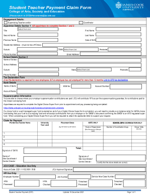 Fillable Online Student Teacher Payment Claim Form - James Cook ...