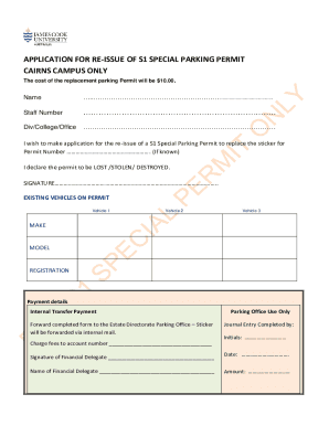 Fillable Online www.jcu.edu.audataassetsAPPLICATION FOR RE-ISSUE OF S1 SPECIAL PARKING PERMIT ...