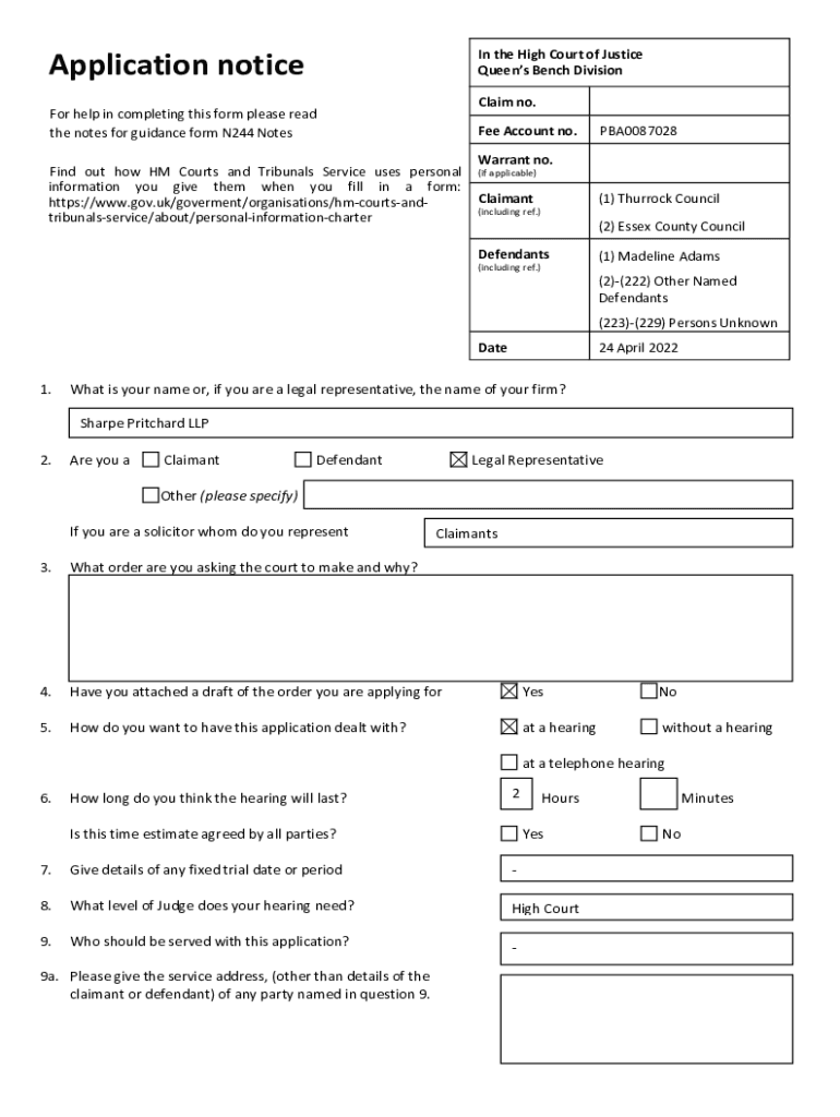 Fillable Online Form PF244: Application notice (Part 23) in the High ...