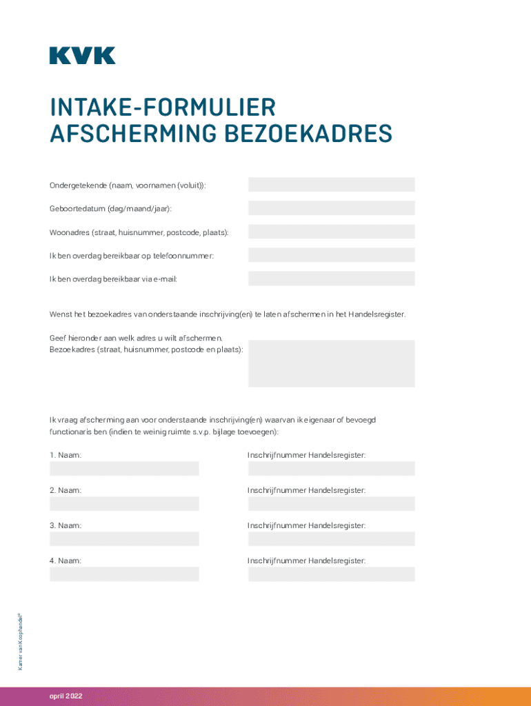 Fillable Online Intake-formulier afscherming bezoekadres - KVK Fax ...