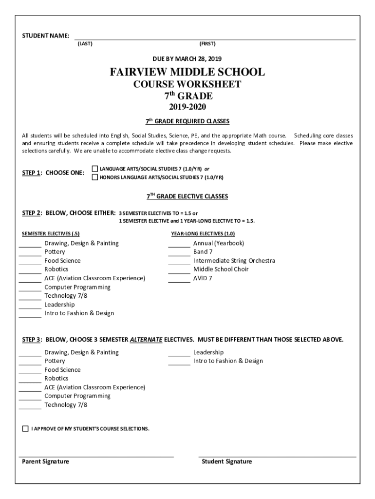 Fillable Online 7th Grade Course Registration Form - Fairview Middle School Fax Email Print ...