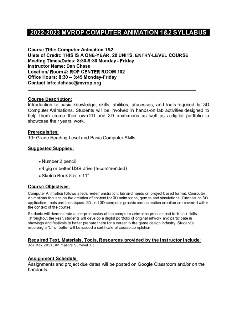 Fillable Online www.mvrop.orgsitedefaultComputer Animation 1 & 2 Course ...