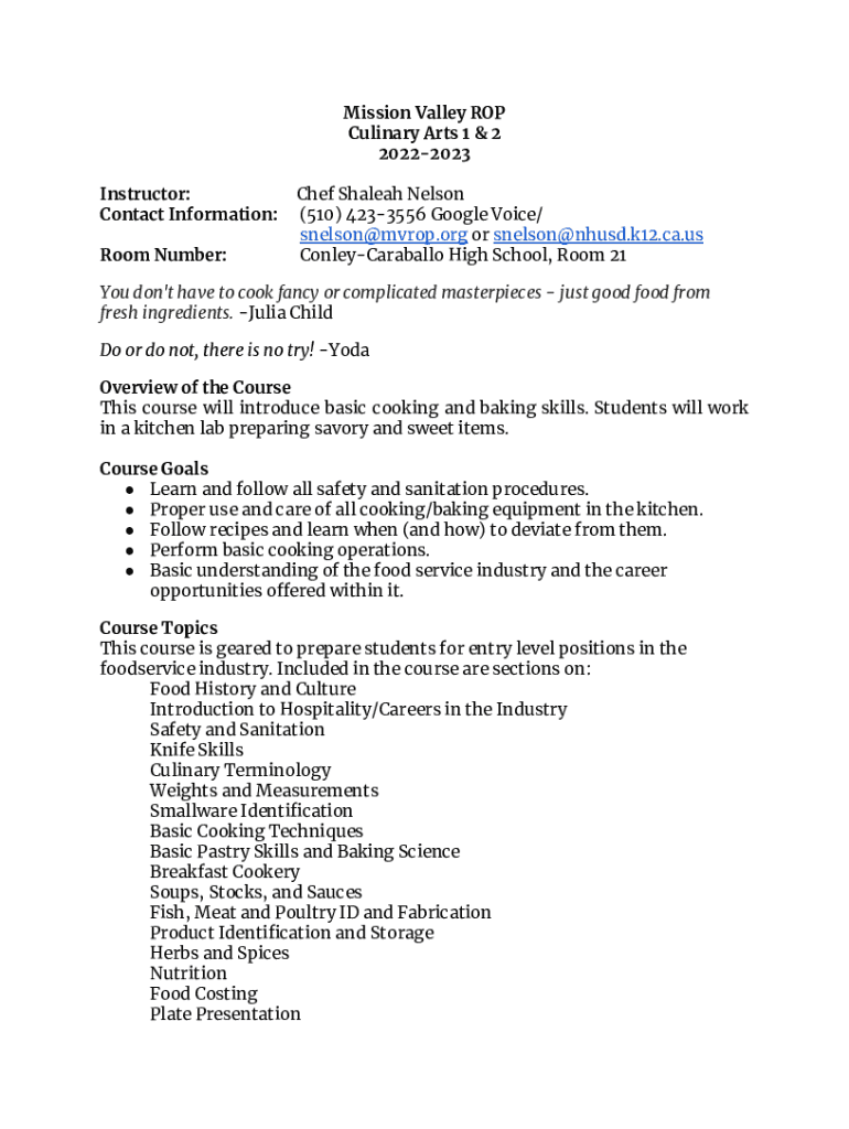 Fillable Online culinary syllabus - Nelson 22-23 - Mission Valley ROP ...