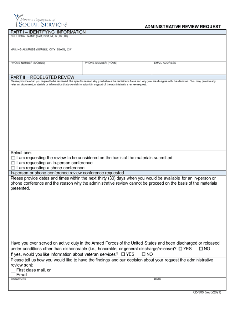 Fillable Online dss mo ADMINISTRATIVE REVIEW REQUEST PART I Fax Email Print - pdfFiller