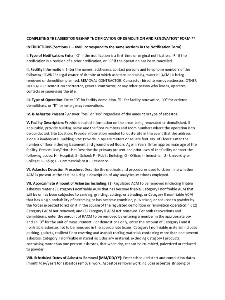 Fillable Online COMPLETING THE ASBESTOS NESHAP NOTIFICATION OF ...