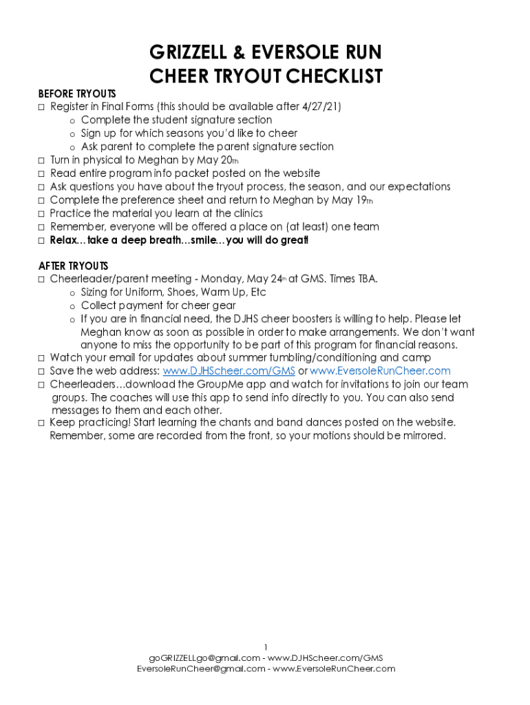 Fillable Online GRIZZELL & EVERSOLE RUN CHEER TRYOUT CHECKLIST Fax ...