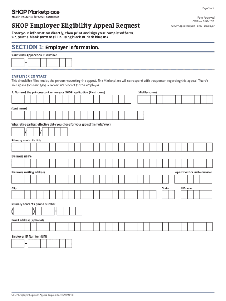 Fillable Online www.healthcare.govdownloadsshop-employeeSHOP Employee Eligibility Appeal Request ...