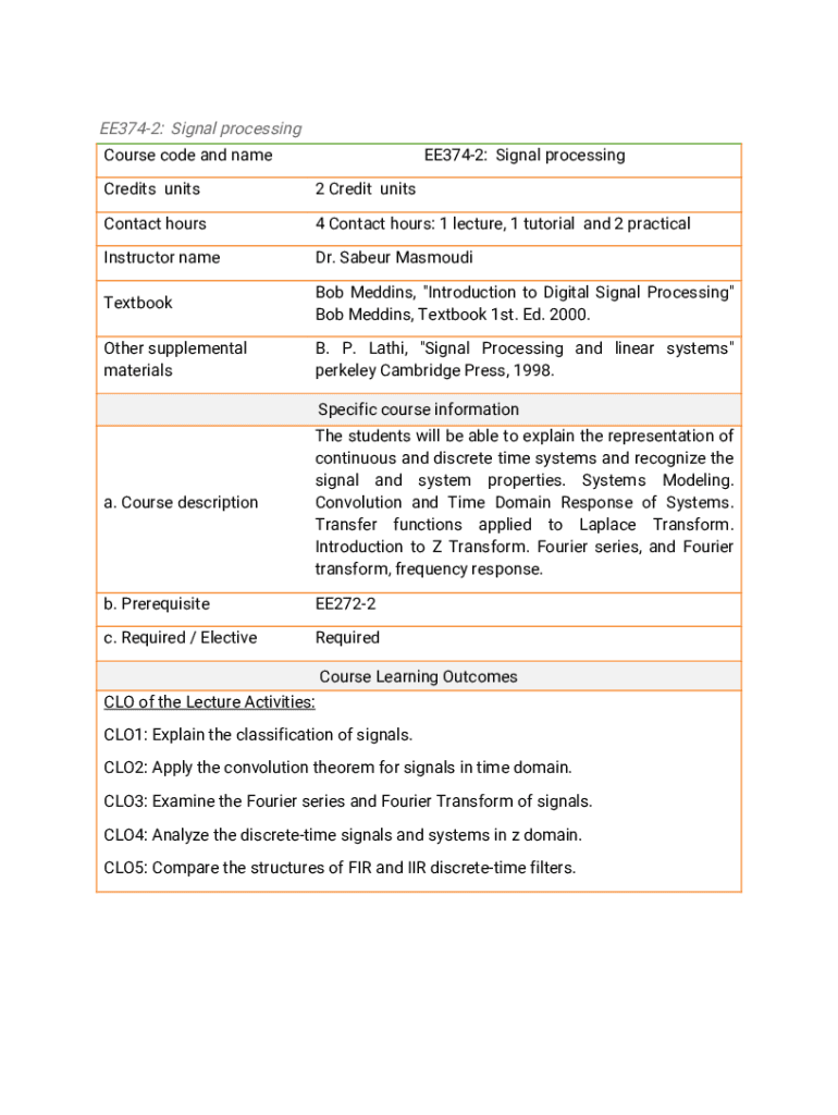 Fillable Online EE374-2: Signal processing - Course code and name Fax Email Print - pdfFiller