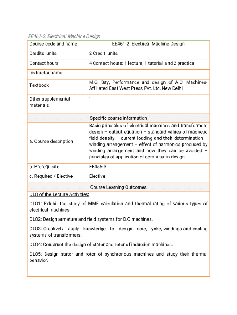Fillable Online EE461-2: Electrical Machine Design - Course code and ...