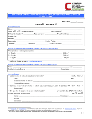 Preenchível Disponível BOLETIM DE CANDIDATURA/ RENOVAO A BOLSA DE ESTUDO PARA O NVEL DE ...