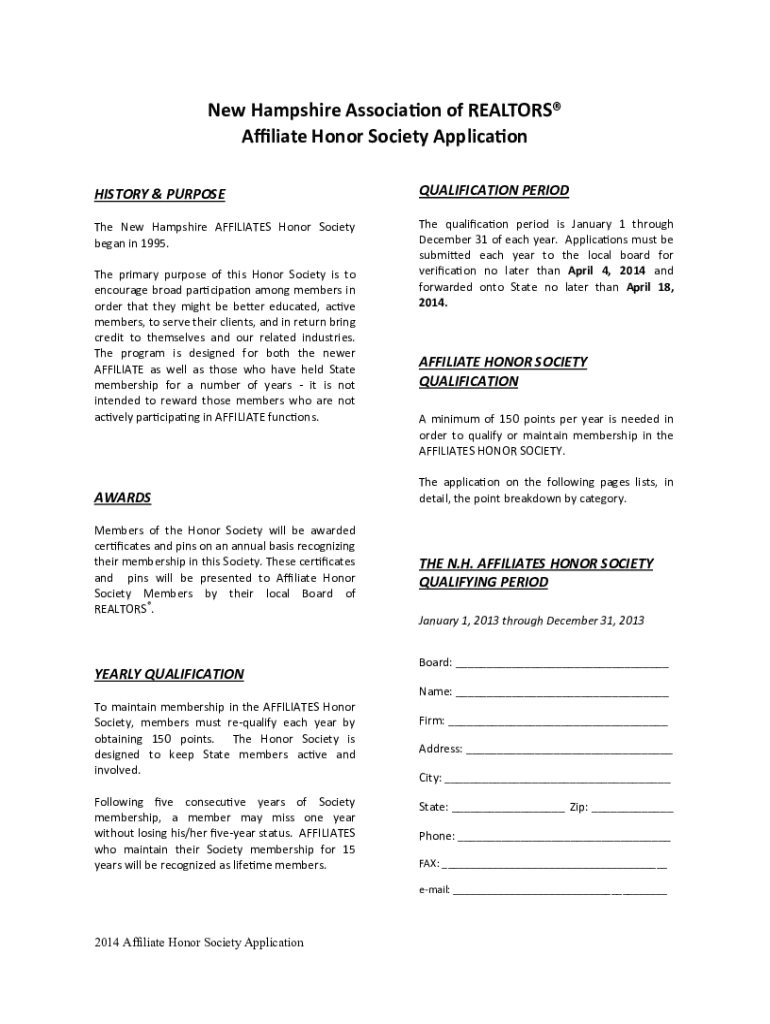 Fillable Online Affiliate Honor Society Application 114.pub Fax Email Print - pdfFiller