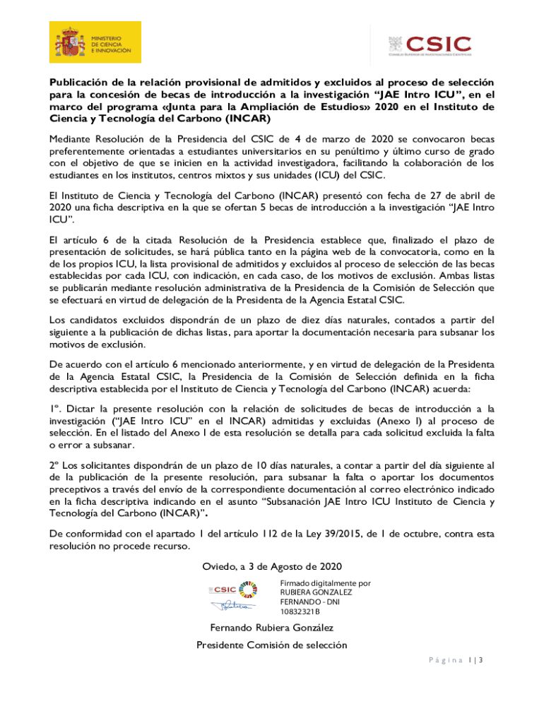 Fillable Online Publicacin de la relacin provisional de ... - Incar ...