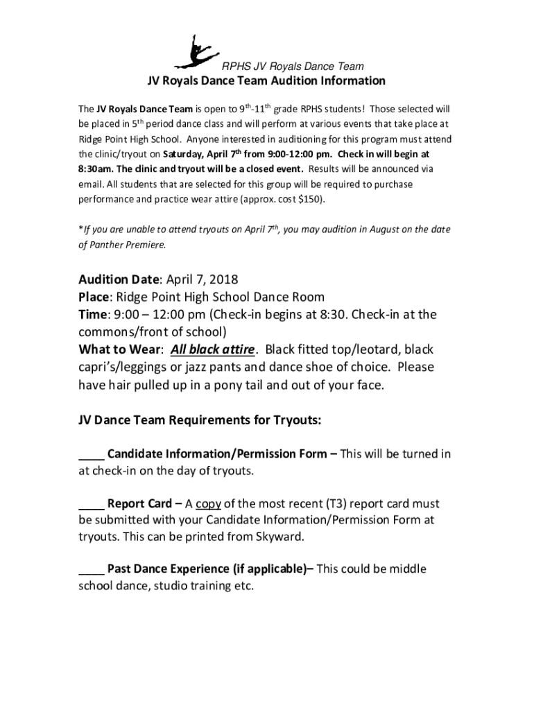 Fillable Online JV Royals Dance Team Audition Information - Fort Bend ...
