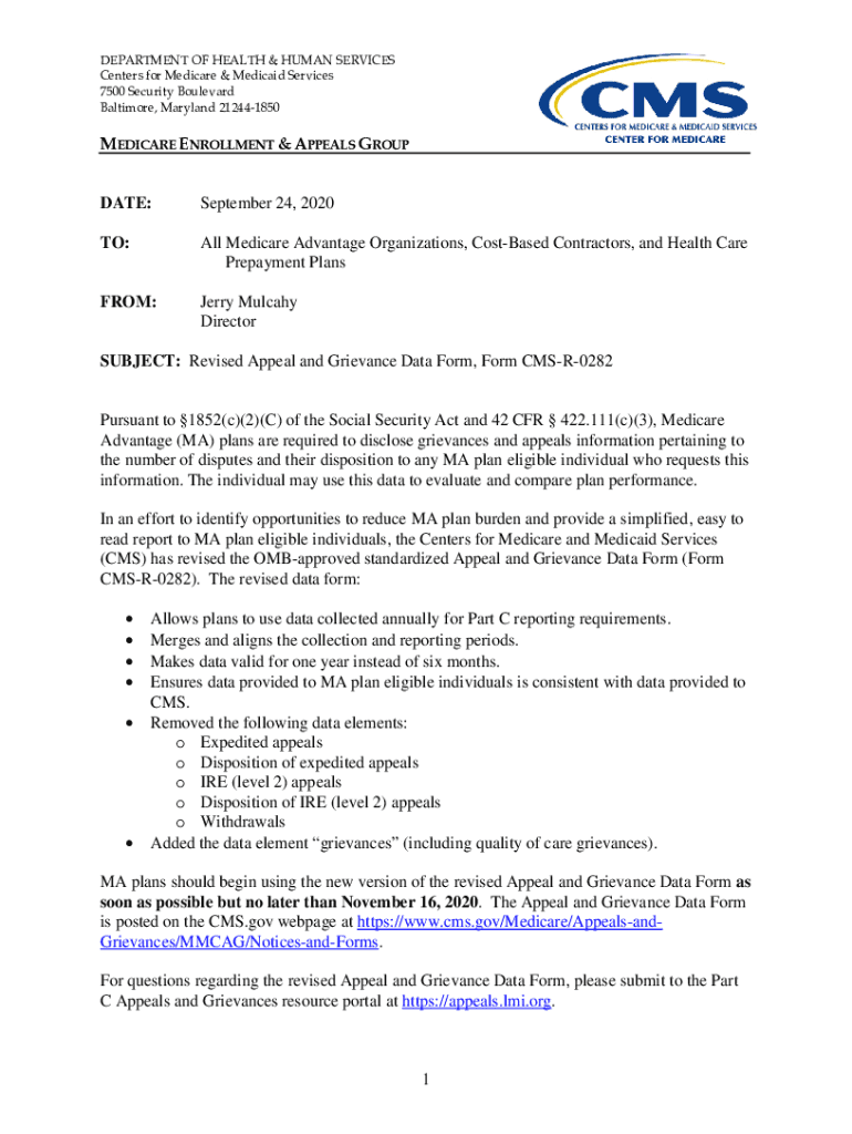 Fillable Online Revised Appeal and Grievance Data Form, Form CMS-R-0282 ...